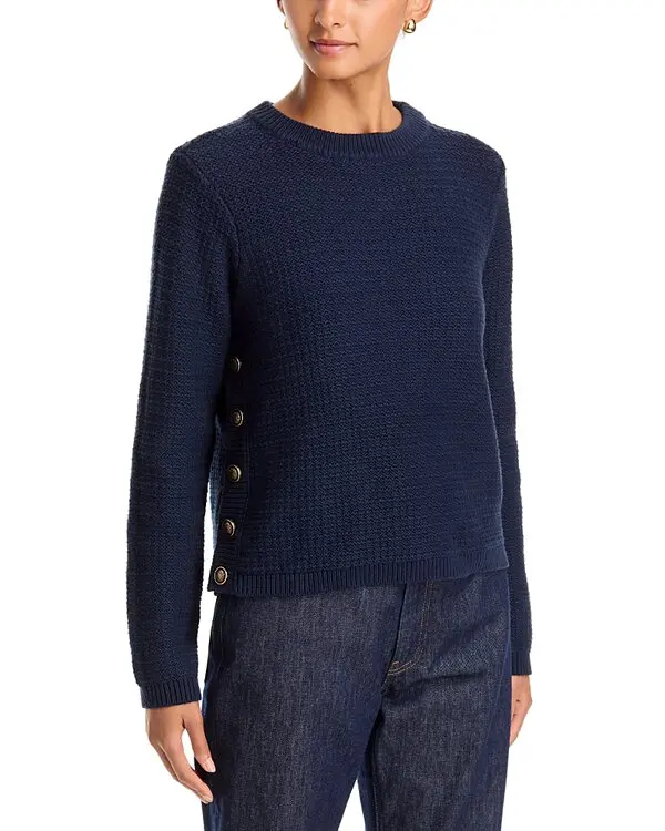 SINGLE THREAD Textured Crewneck Side Button Sweater - Navy