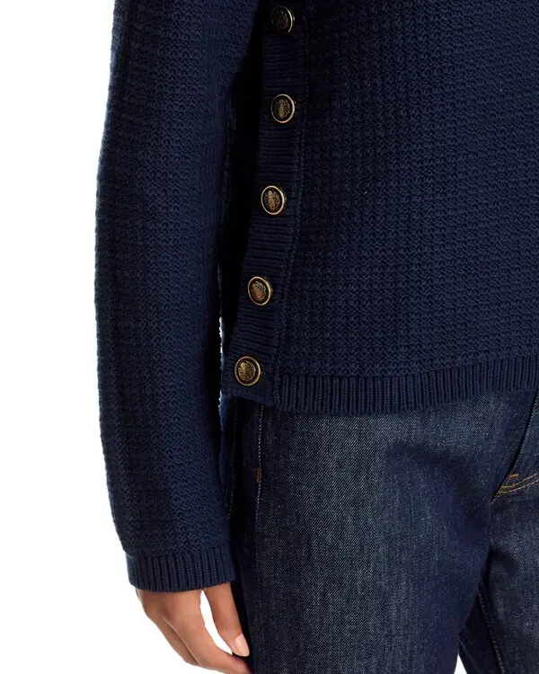 SINGLE THREAD Textured Crewneck Side Button Sweater - Navy