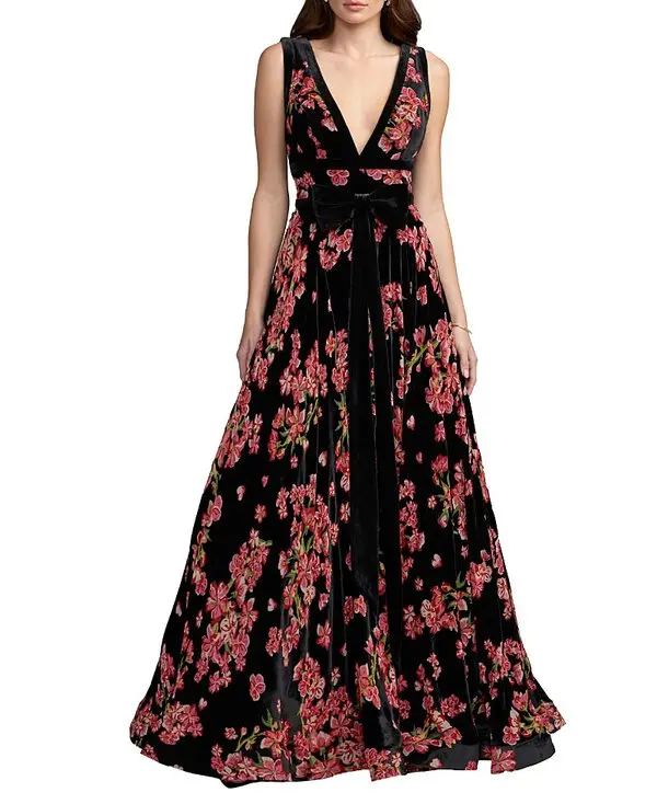 Mac Duggal Floral Velvet Ball Gown With Bow