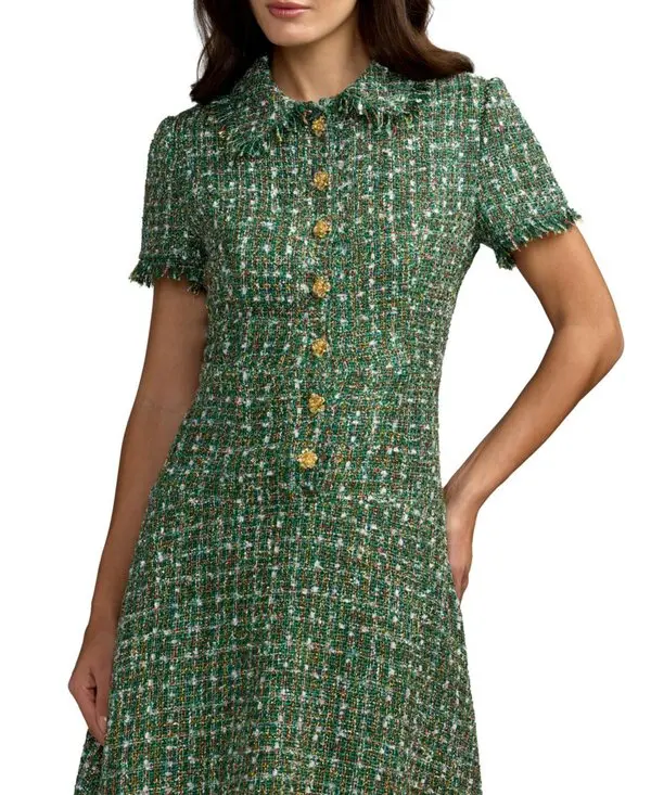 Mac Duggal Boucle Short Sleeve Button Up Midi Dress