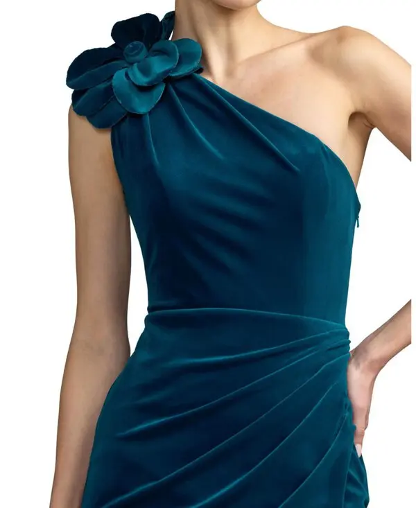 Mac Duggal One Shoulder Velvet Gown With 3d Flower