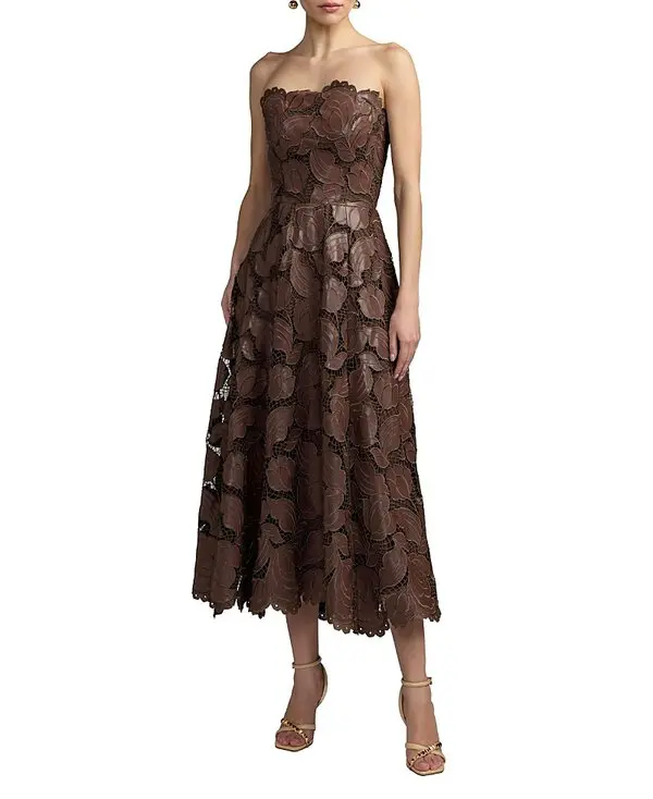 Mac Duggal Strapless Floral Leather A-line Midi Dress