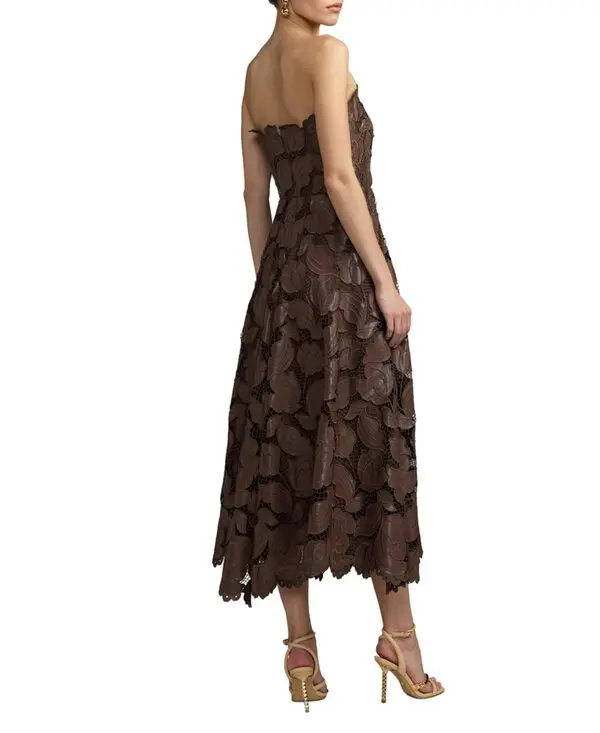 Mac Duggal Strapless Floral Leather A-line Midi Dress
