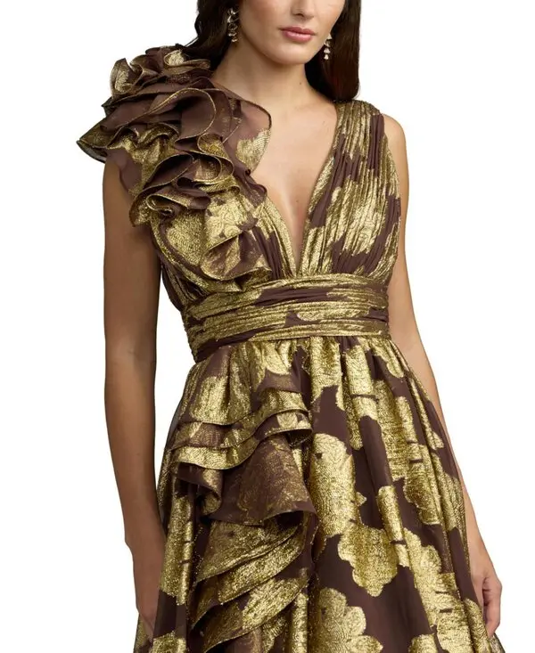 Mac Duggal Metallic V-neck Ruffle Detail Ball Gown