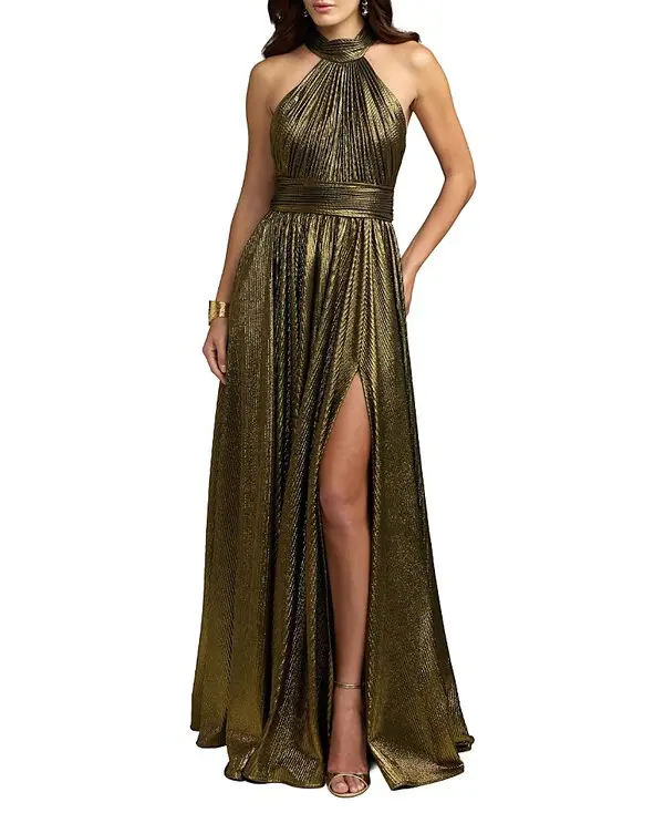 Mac Duggal Metallic Pleated Mock Neck Gown