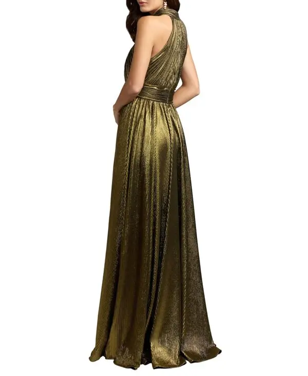 Mac Duggal Metallic Pleated Mock Neck Gown