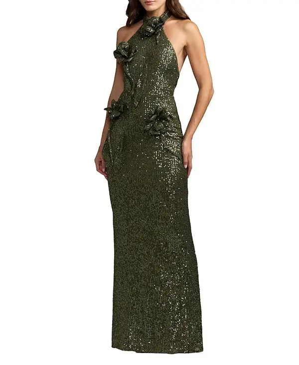 Mac Duggal Halter Neck Sequin 3d Flower Column Gown