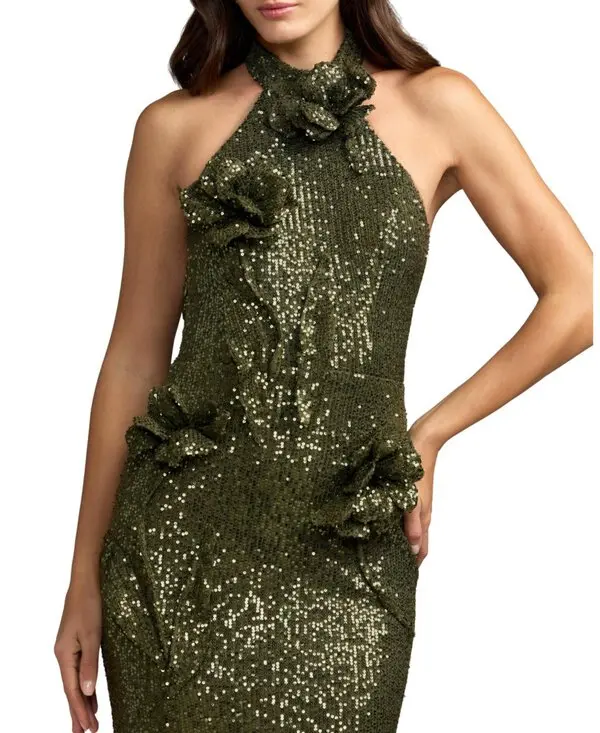 Mac Duggal Halter Neck Sequin 3d Flower Column Gown