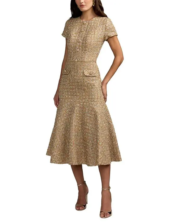 Mac Duggal High Neck Short Sleeve Boucle Midi Dress - Latte Multi