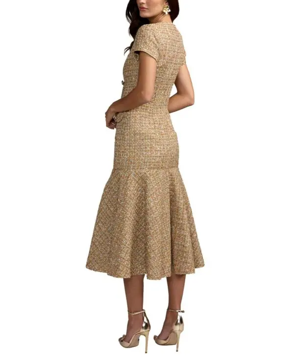 Mac Duggal High Neck Short Sleeve Boucle Midi Dress