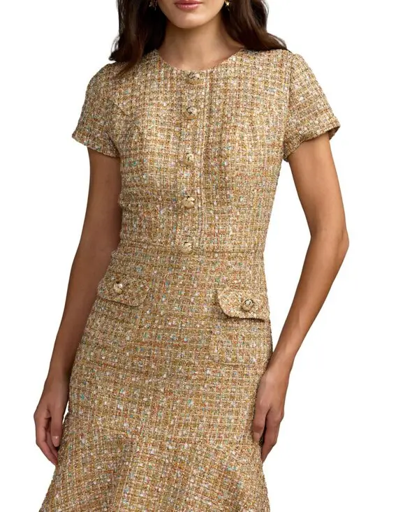 Mac Duggal High Neck Short Sleeve Boucle Midi Dress