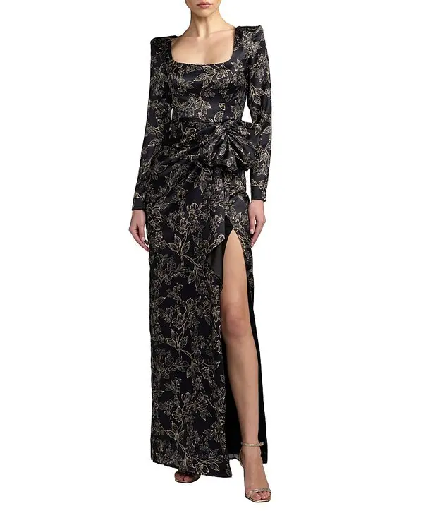 Mac Duggal Floral Printed Long Sleeve Gown With Bow