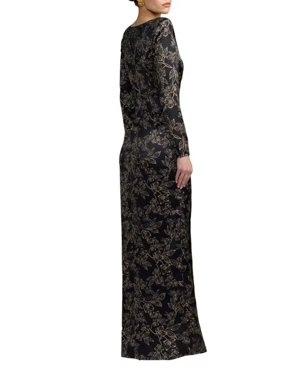 Mac Duggal Floral Printed Long Sleeve Gown With Bow