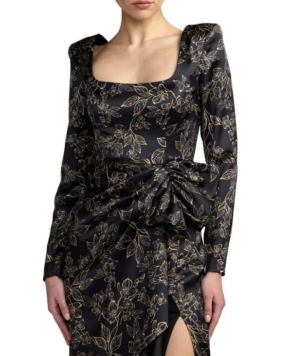 Mac Duggal Floral Printed Long Sleeve Gown With Bow