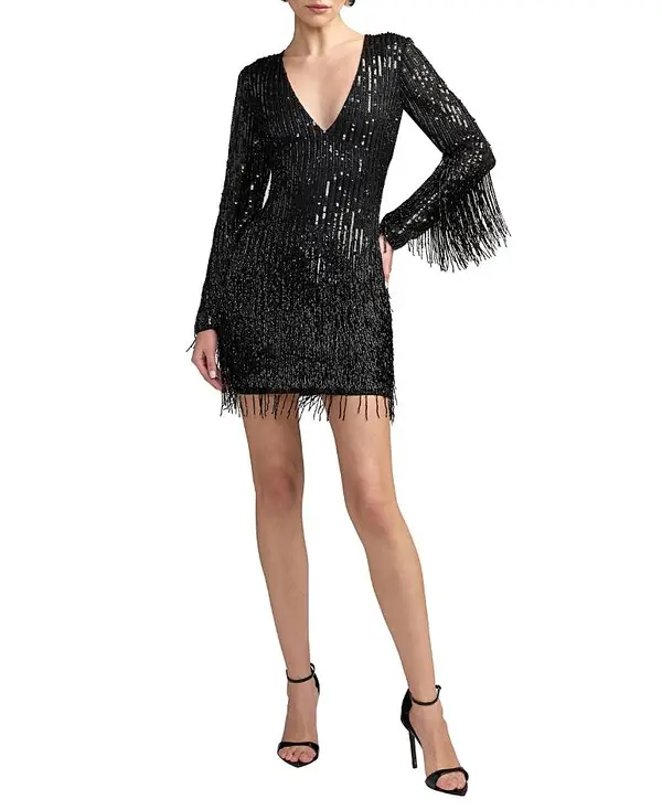 Mac Duggal Long Sleeve V-neck Beaded Fringe Mini Dress