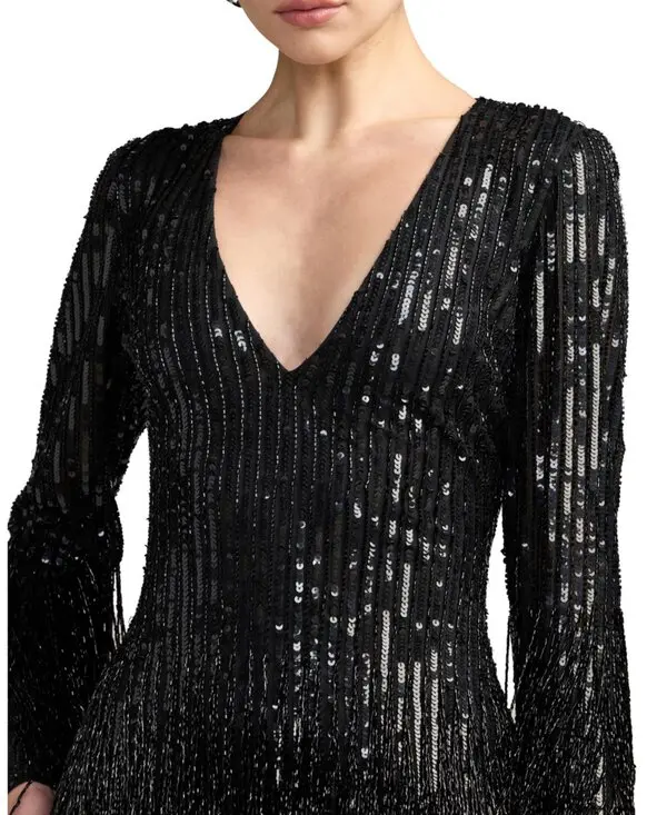 Mac Duggal Long Sleeve V-neck Beaded Fringe Mini Dress
