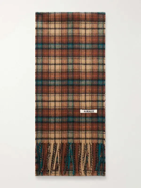 Auralee Fringed Checked Cashmere Scarf