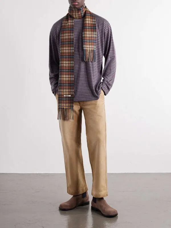 Auralee Fringed Checked Cashmere Scarf
