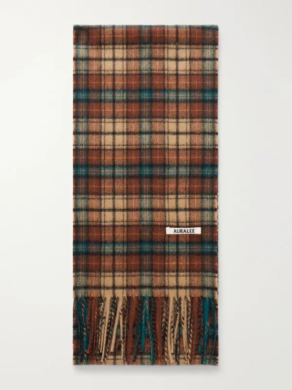 Auralee Fringed Checked Cashmere Scarf - Brown