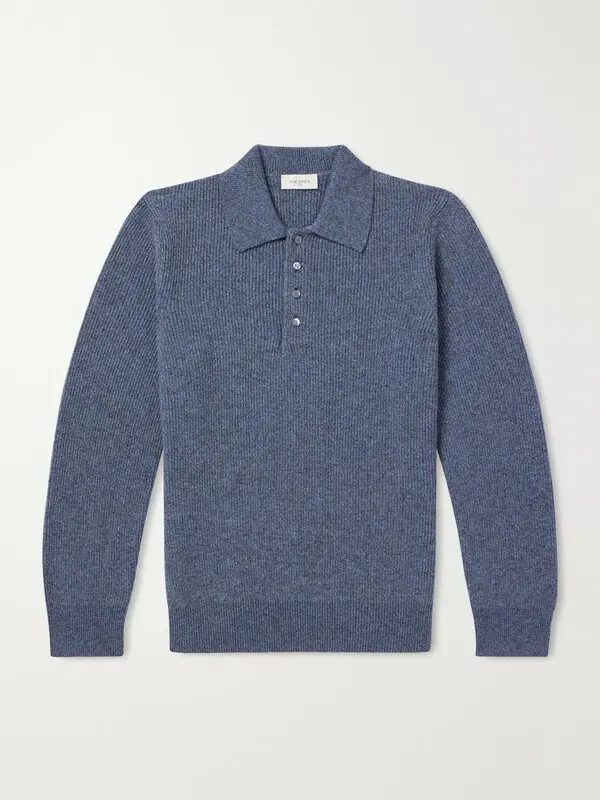 PIACENZA CASHMERE 1733 Ribbed Cashmere Polo Shirt - Blue