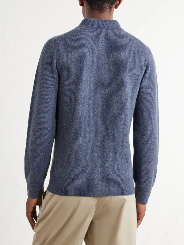 PIACENZA CASHMERE 1733 Ribbed Cashmere Polo Shirt - Blue