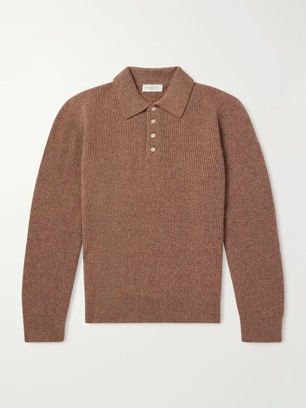 PIACENZA CASHMERE 1733 Ribbed Cashmere Polo Shirt - Brown