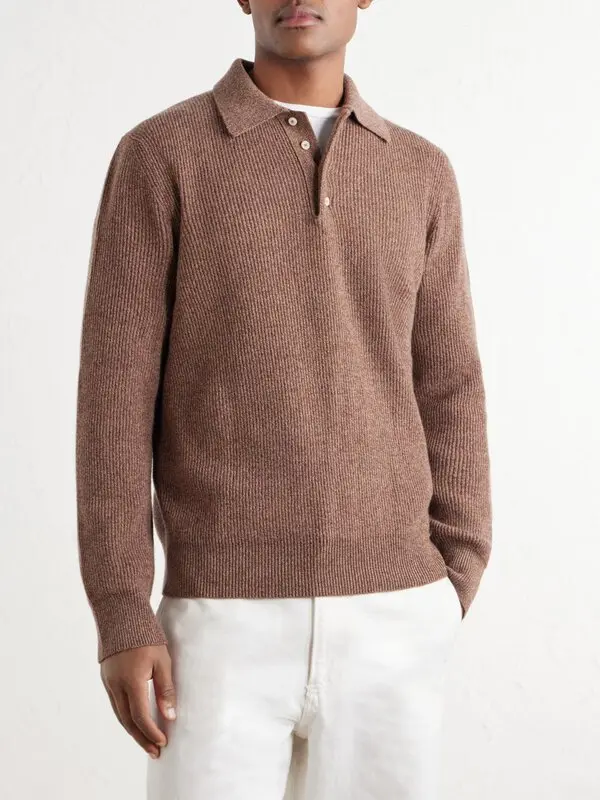 PIACENZA CASHMERE 1733 Ribbed Cashmere Polo Shirt - Brown