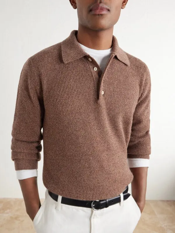 PIACENZA CASHMERE 1733 Ribbed Cashmere Polo Shirt - Brown