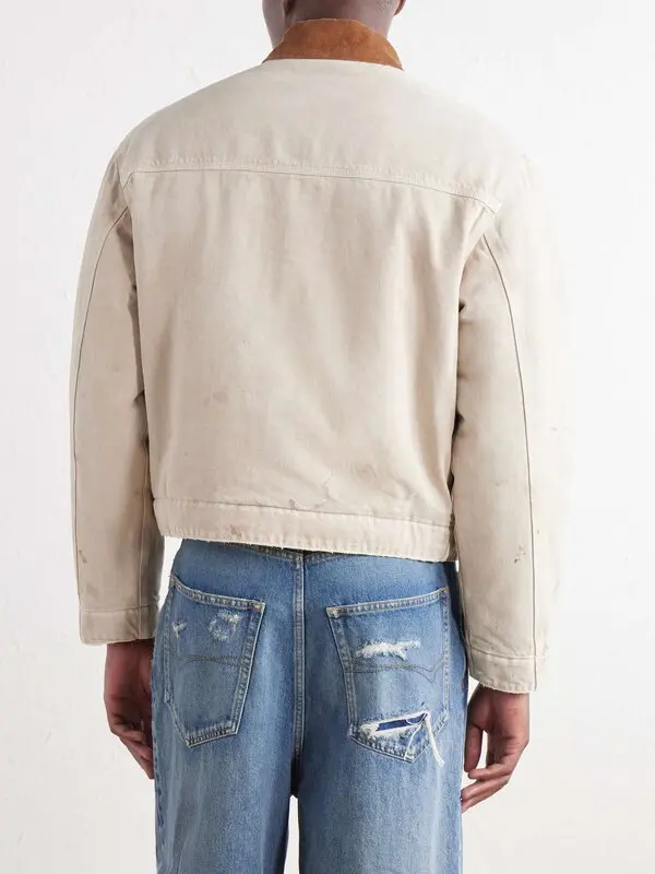 Balenciaga Logo-embroidered Corduroy-trimmed Paint-splattered Denim Jacket