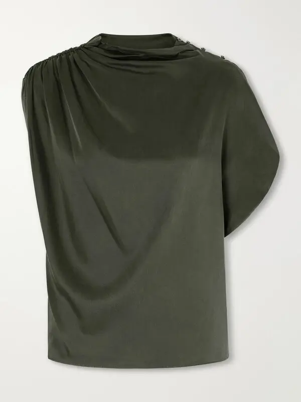 TWP Wish You Would Asymmetric Gathered Silk-blend Charmeuse Blouse - Green