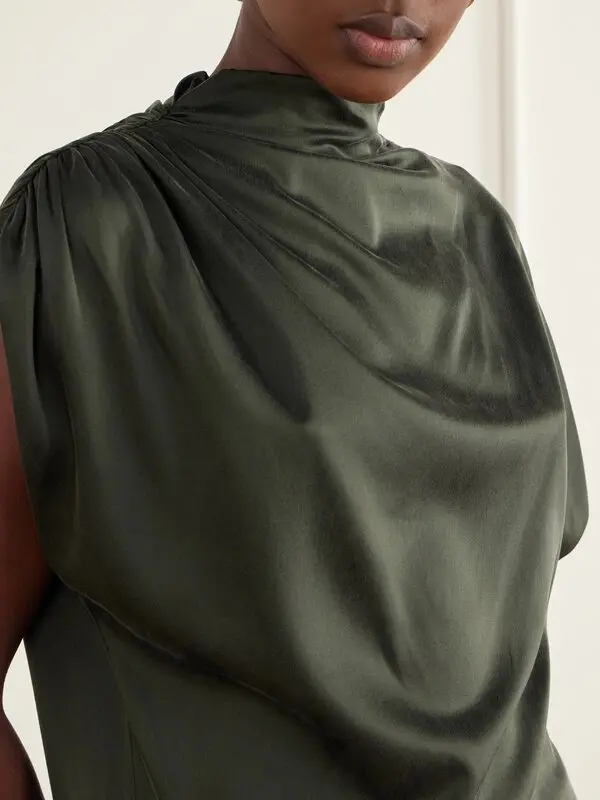 TWP Wish You Would Asymmetric Gathered Silk-blend Charmeuse Blouse - Green