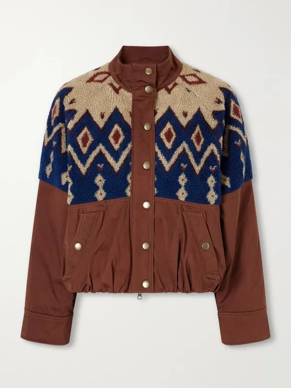 Veronica Beard Knoll Gathered Fair Isle Fleece-trimmed Cotton-twill Jacket