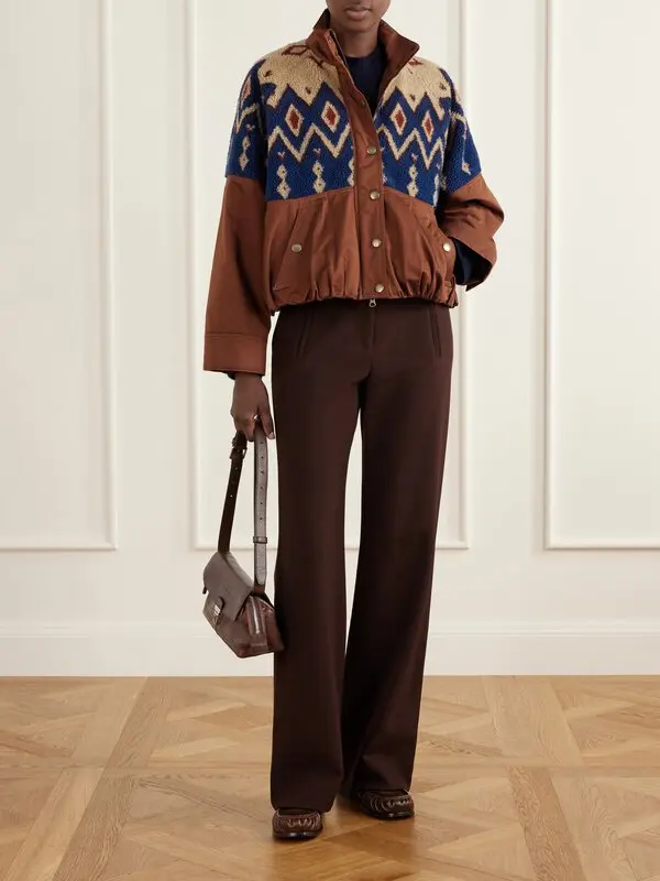 Veronica Beard Knoll Gathered Fair Isle Fleece-trimmed Cotton-twill Jacket