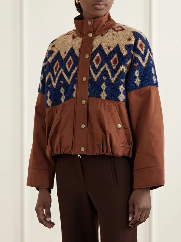 Veronica Beard Knoll Gathered Fair Isle Fleece-trimmed Cotton-twill Jacket