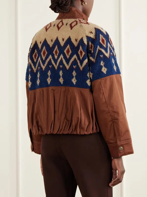 Veronica Beard Knoll Gathered Fair Isle Fleece-trimmed Cotton-twill Jacket