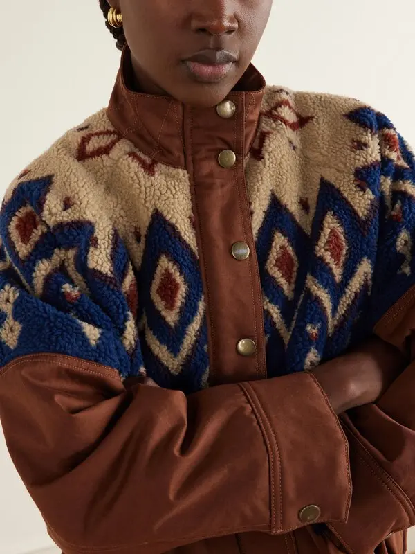 Veronica Beard Knoll Gathered Fair Isle Fleece-trimmed Cotton-twill Jacket