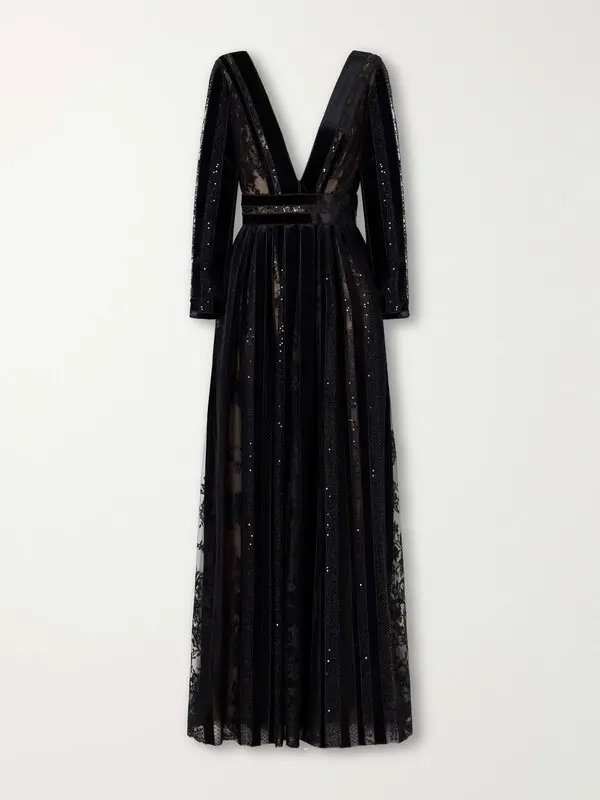 Costarellos Malena Sequin And Velvet-trimmed Lace Gown