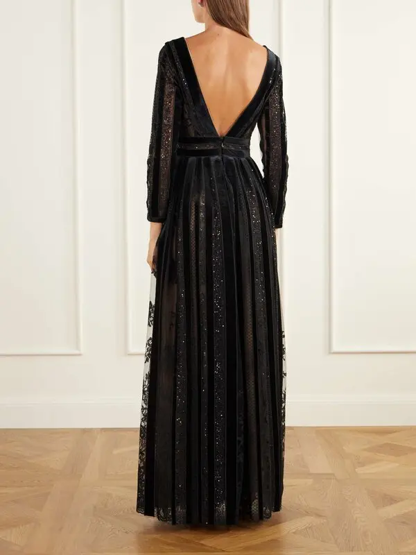 Costarellos Malena Sequin And Velvet-trimmed Lace Gown