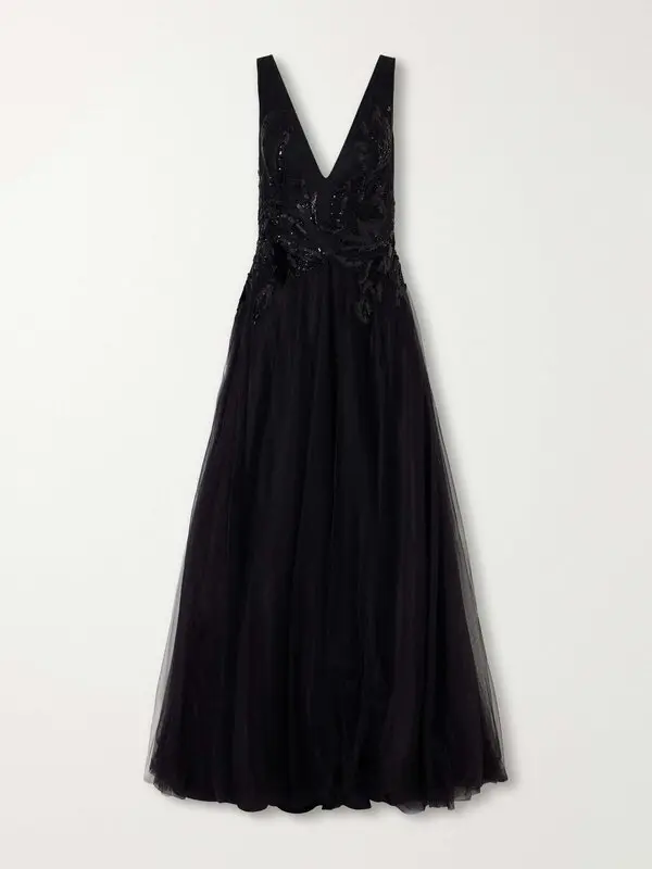 Costarellos Vianna Embellished Velvet-trimmed Tulle Gown - Black