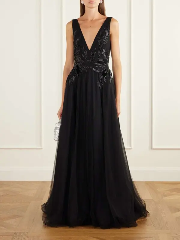 Costarellos Vianna Embellished Velvet-trimmed Tulle Gown - Black