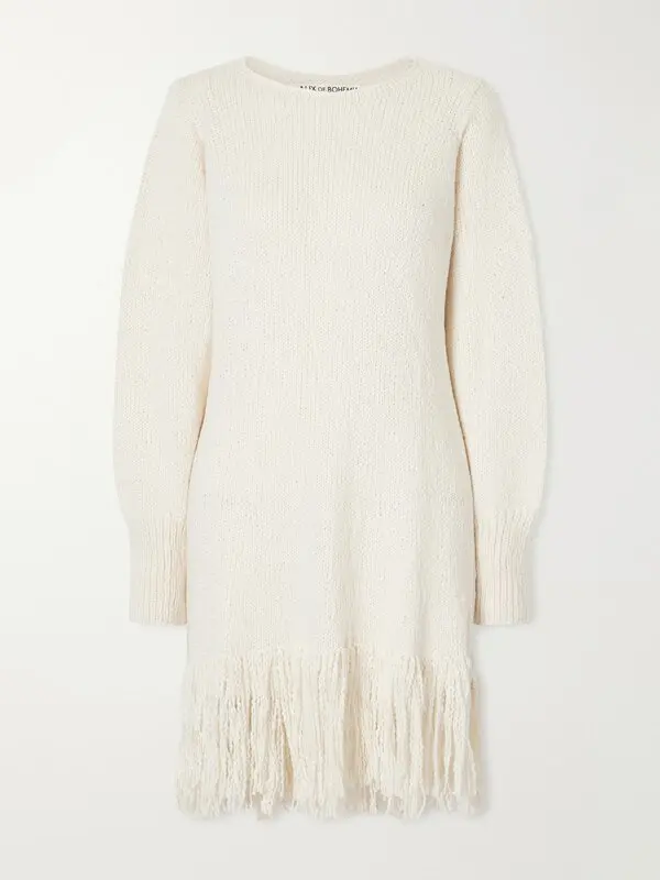 Alix Of Bohemia Renny Fringe-detailed Open-knit Cotton Mini Dress - Neutrals