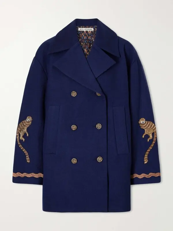 Alix Of Bohemia Rivoli Embroidered Double-breasted Wool-twill Coat - Navy