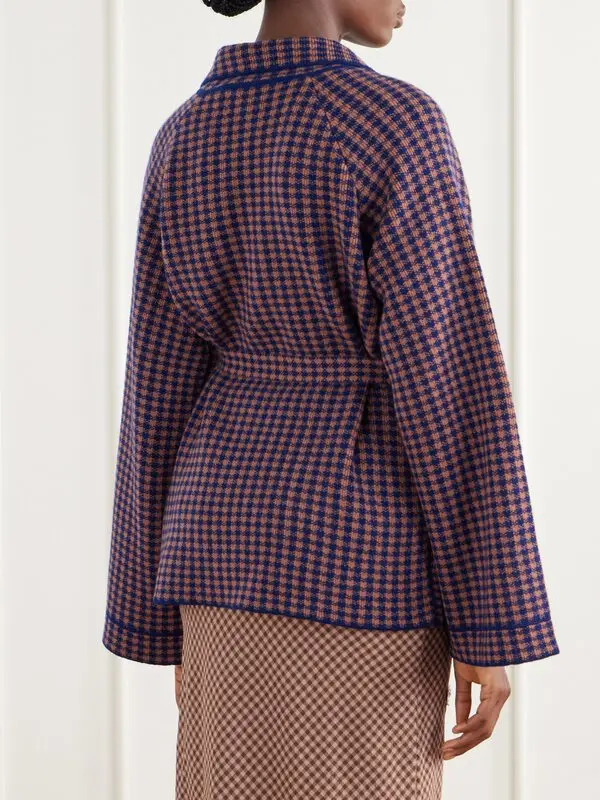 Bernadette Kallas Checked Belted Floral-appliquéd Cashmere Cardigan