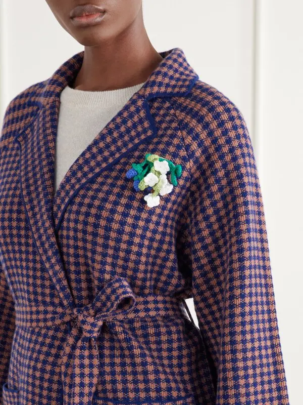 Bernadette Kallas Checked Belted Floral-appliquéd Cashmere Cardigan