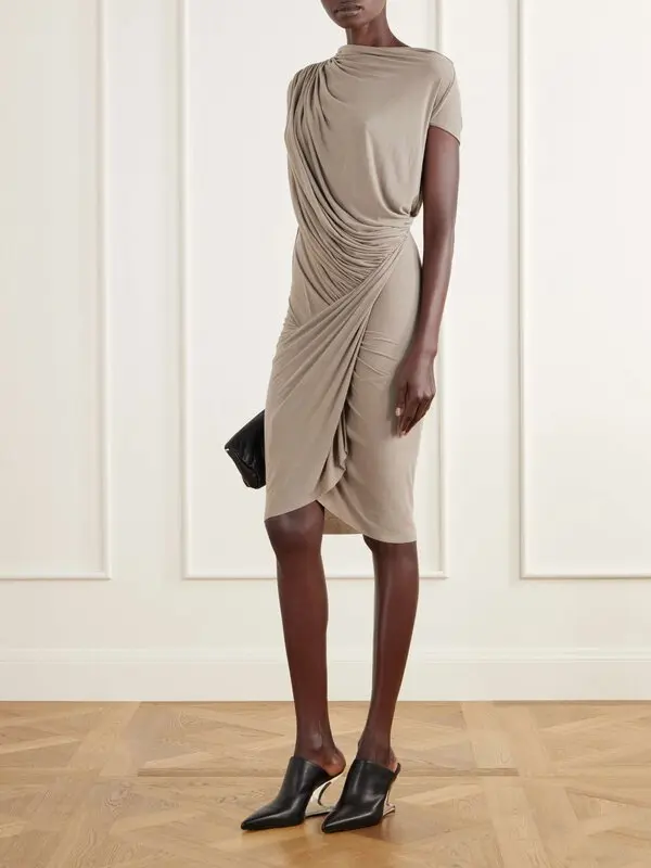 Rick Owens Ares Asymmetric Draped Gathered Stretch-jersey Mini Dress