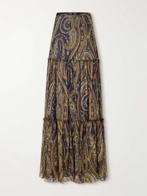 Etro Tiered Paisley-print Metallic Silk-blend Chiffon Maxi Skirt - Multi