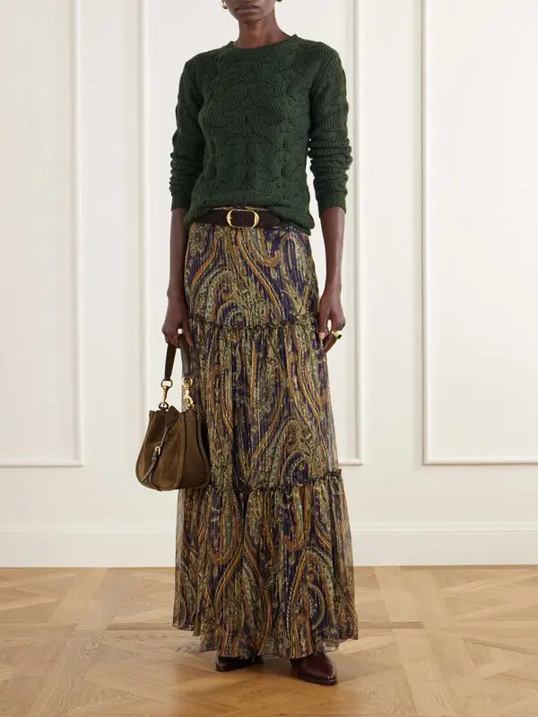 Etro Tiered Paisley-print Metallic Silk-blend Chiffon Maxi Skirt - Multi