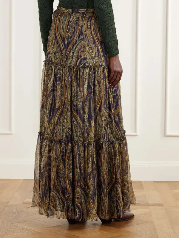 Etro Tiered Paisley-print Metallic Silk-blend Chiffon Maxi Skirt - Multi