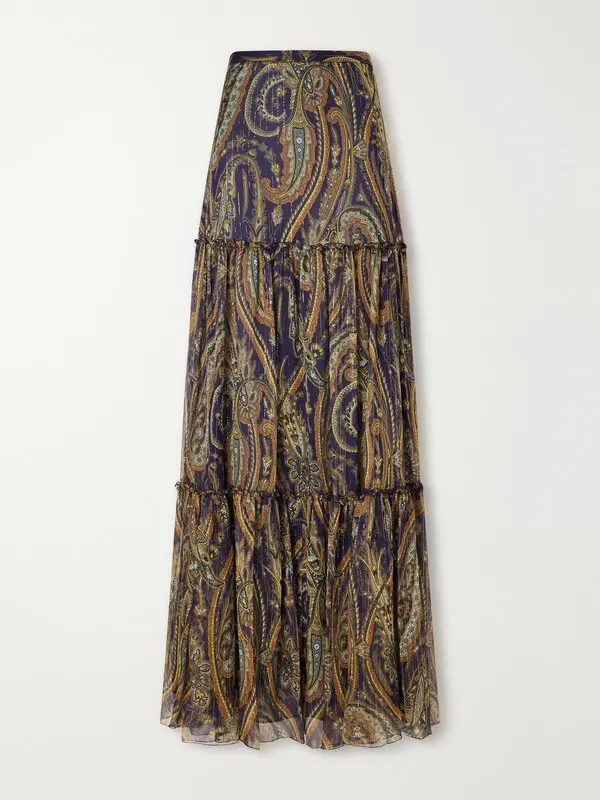 Etro Tiered Paisley-print Metallic Silk-blend Chiffon Maxi Skirt - Multi