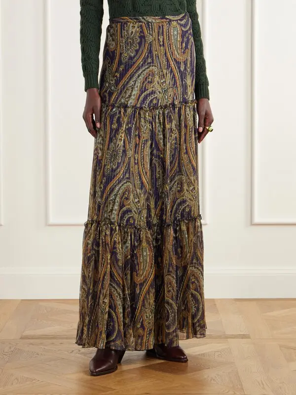 Etro Tiered Paisley-print Metallic Silk-blend Chiffon Maxi Skirt - Multi